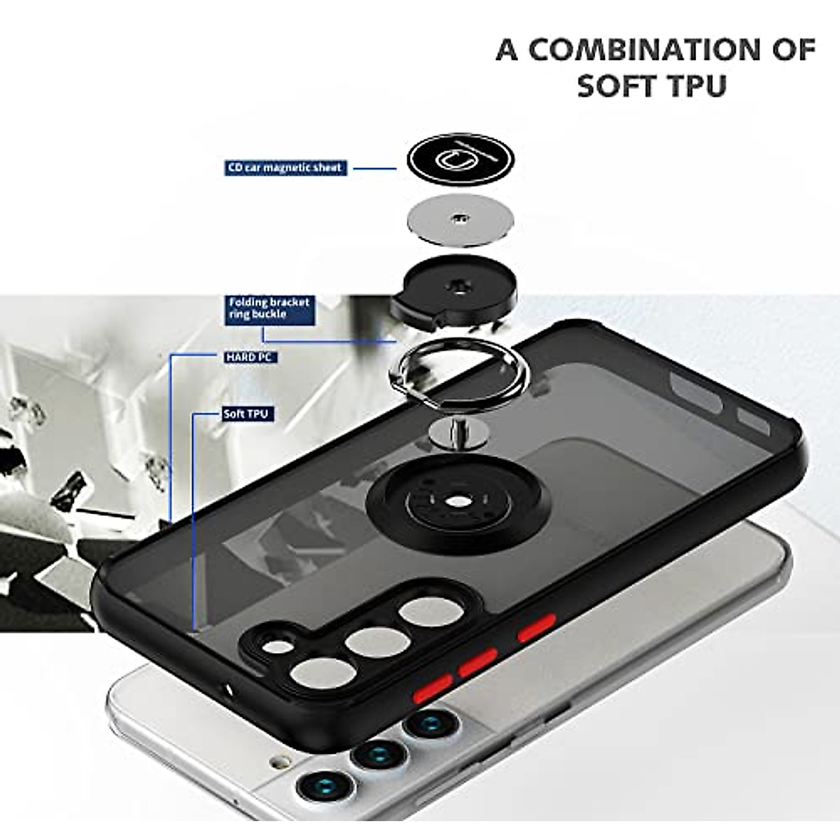 Zotita for Samsung s23 Mobile Phone Protective case with Metal Ring and Built-in Iron Plate, Heavy Enough to Reach Military Level, Better Protect Your Mobile Phone Black+red