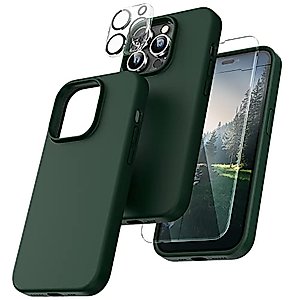 TOCOL [5 in 1 for iPhone 14 Pro Max Case, 2 Screen Protector + 2 Camera Lens Protector, Slim Liquid Silicone Phone Case 14 Pro Max 6.7 Inch, [Anti-Scratch] [Drop Protection], Alpine Green