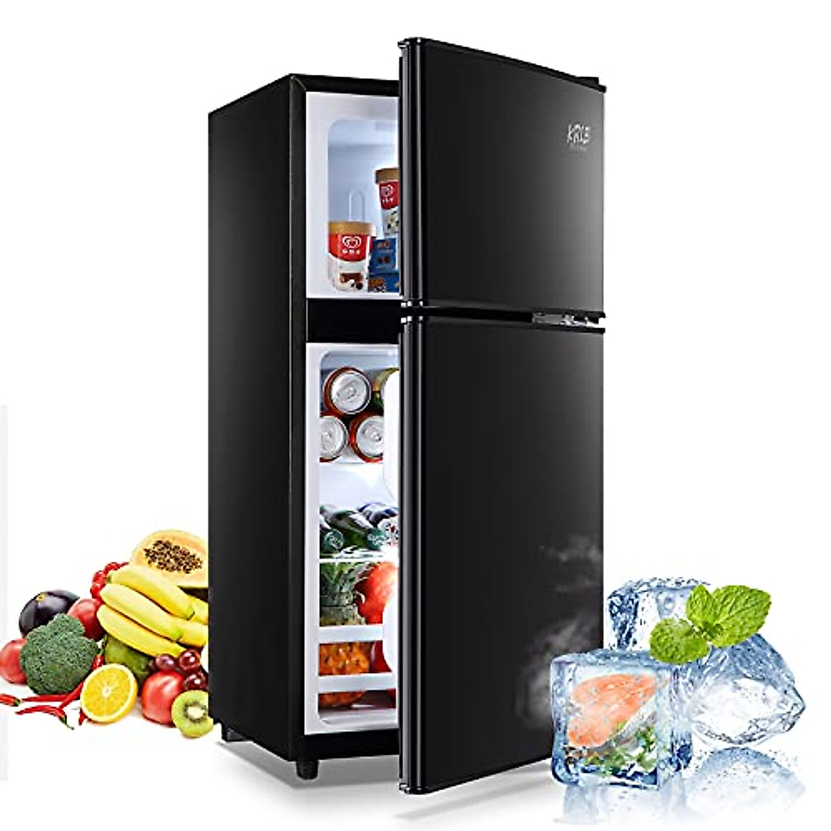 KRIB BLING 3.5Cu.Ft Compact Refrigerator, Retro Fridge with Dual Door Small Refrigerator with freezer, 7 Level Adjustable Thermostat for Dorm, Garage, Office, Bedroom, Apartment, Black