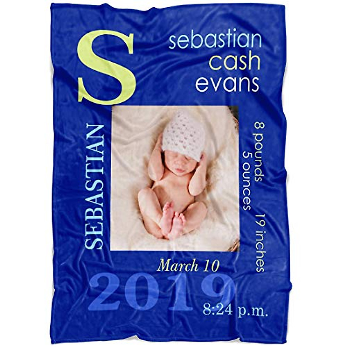 Personalized Baby Photo Newborn Blanket with Birth Information for Girls and Boys. Customized Name Blanket from Baby's Name, BirthDate, Weight. Gift for New Born Baby, New Dad Mom Grandma (Blue)
