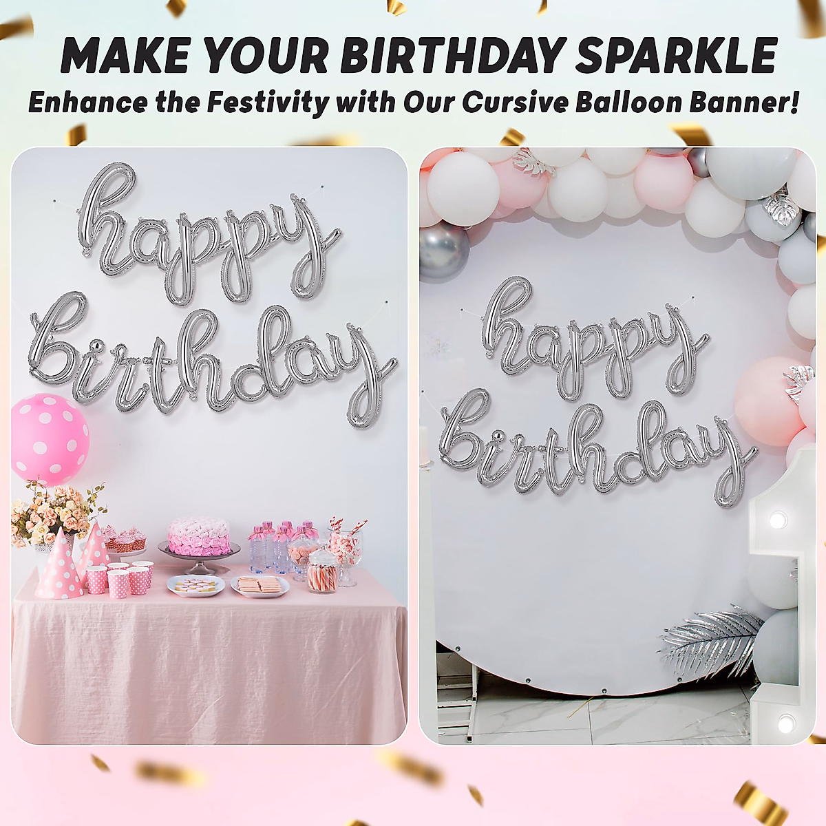 Silver Happy Birthday Balloons Banner | Script / Cursive Gold Letter Balloon Sign For Birthday Party Decor / Decoration | Foil Mylar Happy Birthday Banner (Silver)