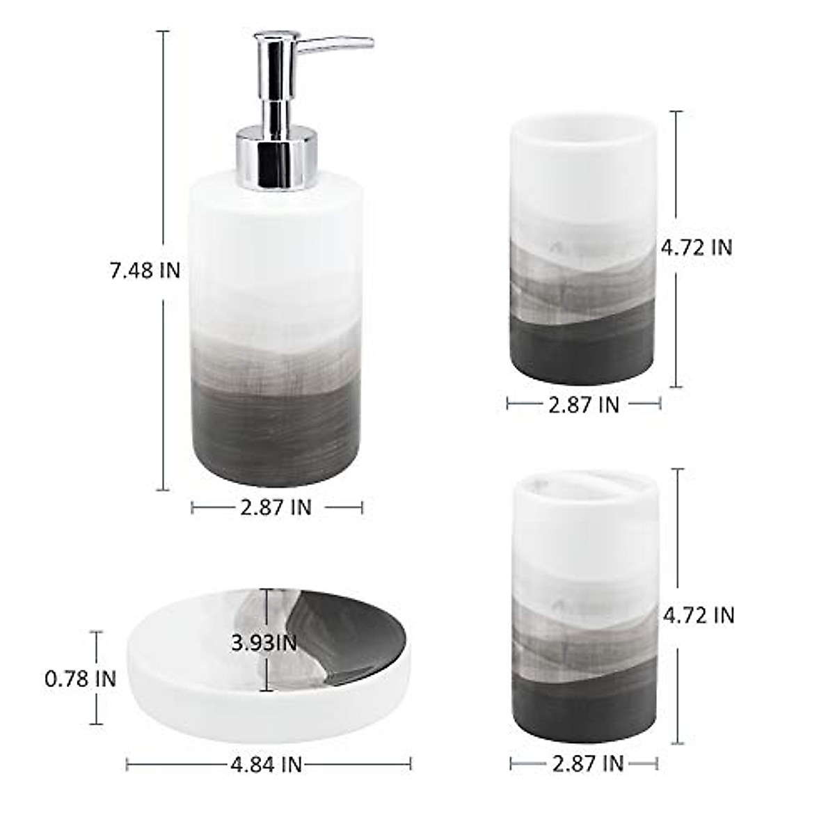 Wodlo- 4 Piece Painted Ceramic Bathroom Accessory Set, Includes Soap Dispenser Pump, Toothbrush Holder, Tumbler, Soap Dish Sanitary, Ideas Home Gift for Ware Home Decor Bath(Gray)