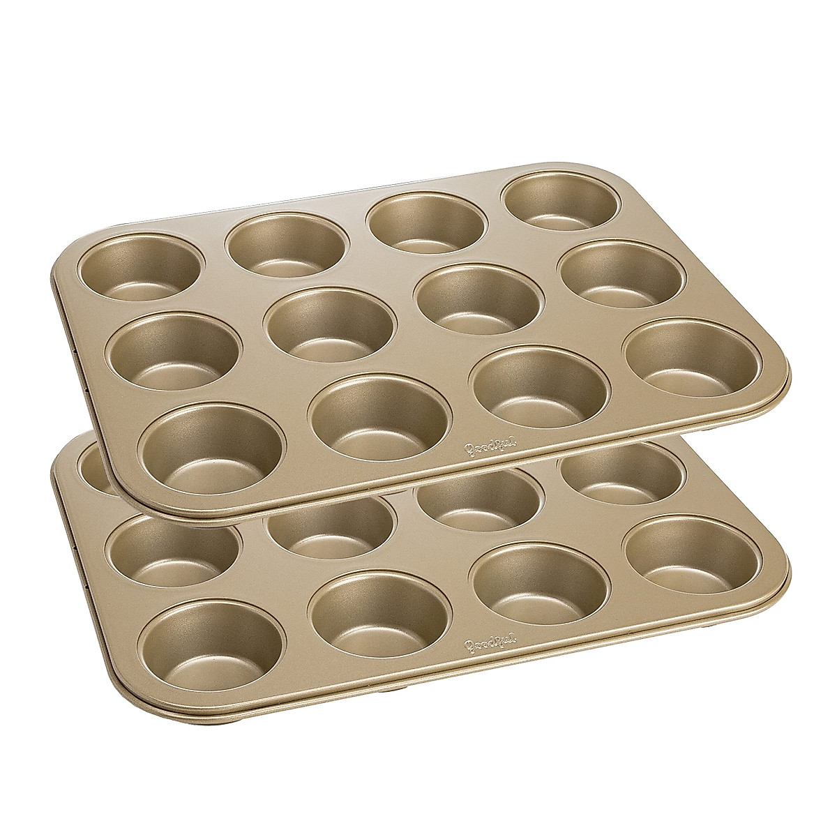 Goodful Nonstick Muffin Pan Set, Heavy Duty Carbon Steel with Quick Release Coating, Made without PFOA, Dishwasher Safe, 2-Pack Bakeware Set, 12-Cup, Champagne Gold