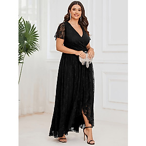 Ever-Pretty Plus Women's V Neck Ruffles Sleeves Pleated Lace Summer Plus Size Semi Formal Dress for Curvy Women Black US20