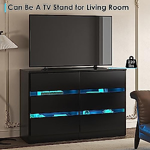 Gdvsclr 6 Drawer Double Dresser, Bedroom Dresser with LED Light, Wood Dresser for Nursery, Living Room, Hallway, Handless Design, 47.2''W×15.7''D×30.2''H (Black)