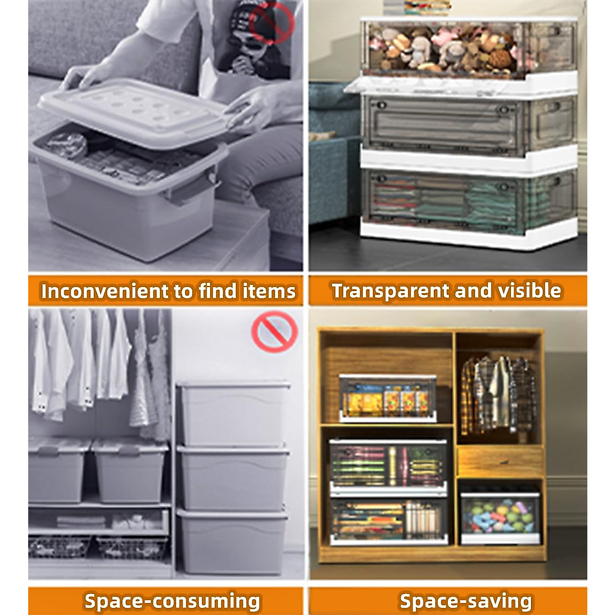 Oneshow Clearance Storage Drawers,4 Tier Plastic Storage Bins,Foldable Stackable Sorage Bins,Tall Plastic Drawers Room Organizers,Large Clothing Storage Bins(4 Pack, Side Open-17.4Gal)