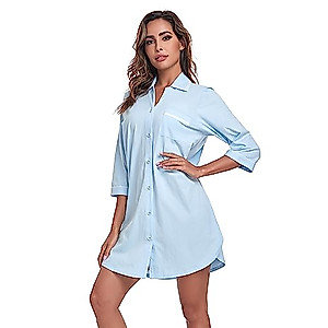 COLORFULLEAF 100% Cotton Nightgowns for Women 3/4 Sleeve Sleep Shirt Button Down Soft Sleepwear Night Dress S-XXL (Light Blue,M)