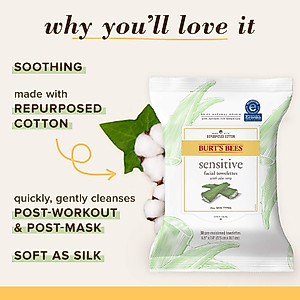 Burt's Bees Facial Cleansing Towelette Wipes for Sensitive Skin with Cotton Extract, 30 Count (Package May Vary)