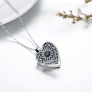 SOULMEET Personalized Sunflower Heart Locket Sterling Silver Necklace That Holds 2 Pictures Memory Photo Lockets Custom Any Photo (Custom photo & text)