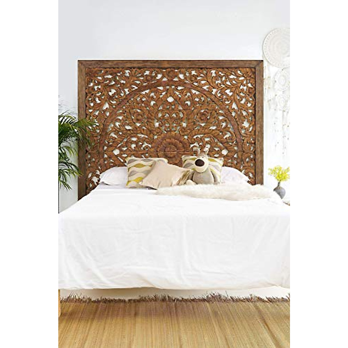 Super King Sized Carved Headboard, Wall Mounted Mandala Wooden Panels, Weathered Brown Rustic Barn Finish, 80 inches