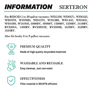 VF7000 Replacement Filter Compatible with Ridgid Wet Only Vac Filter for Ridgid 5-20 Gallon Wet/Dry Vacuums 2pack