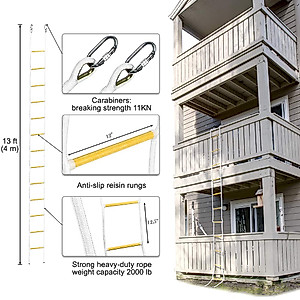 ISOP Flame Resistant Emergency Rope Ladder 13 ft with Spring Hooks and Universal Cabinet for Emergeny Equpment Fire Ladder, Fire Evacuation Set or Rescue Survival Kit