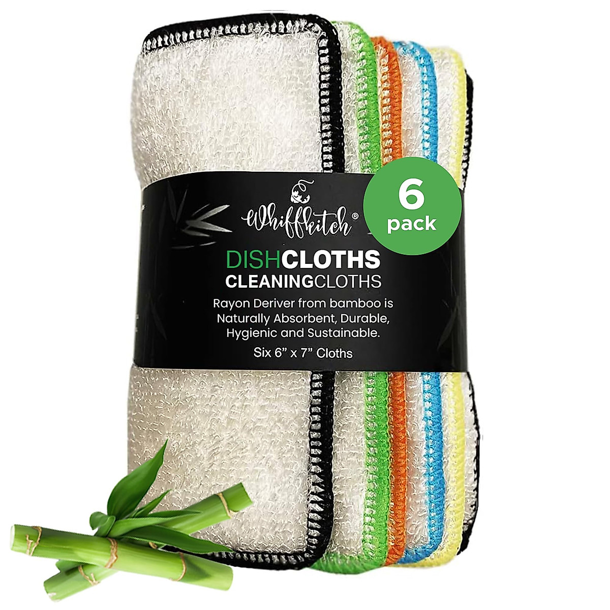 Whiffkitch Bamboo Dishcloths for Kitchen and Multi Surface Cleaning, 6"x7" 6pk Set, Reusable, Washable, Scrub-Non-Scratch, Extra Absorbent, Quick Drying, Eco Friendly Rags, Household Essential Cloths