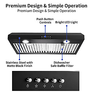 SNDOAS Range Hood 30 inch Under Cabinet,Black Range Hood with 500 CFM,Ductless Range Hood Black,Stainless Steel Kitchen Vent Hood 30 inch with 3 Way Venting,Baffle Filters,LED Lights