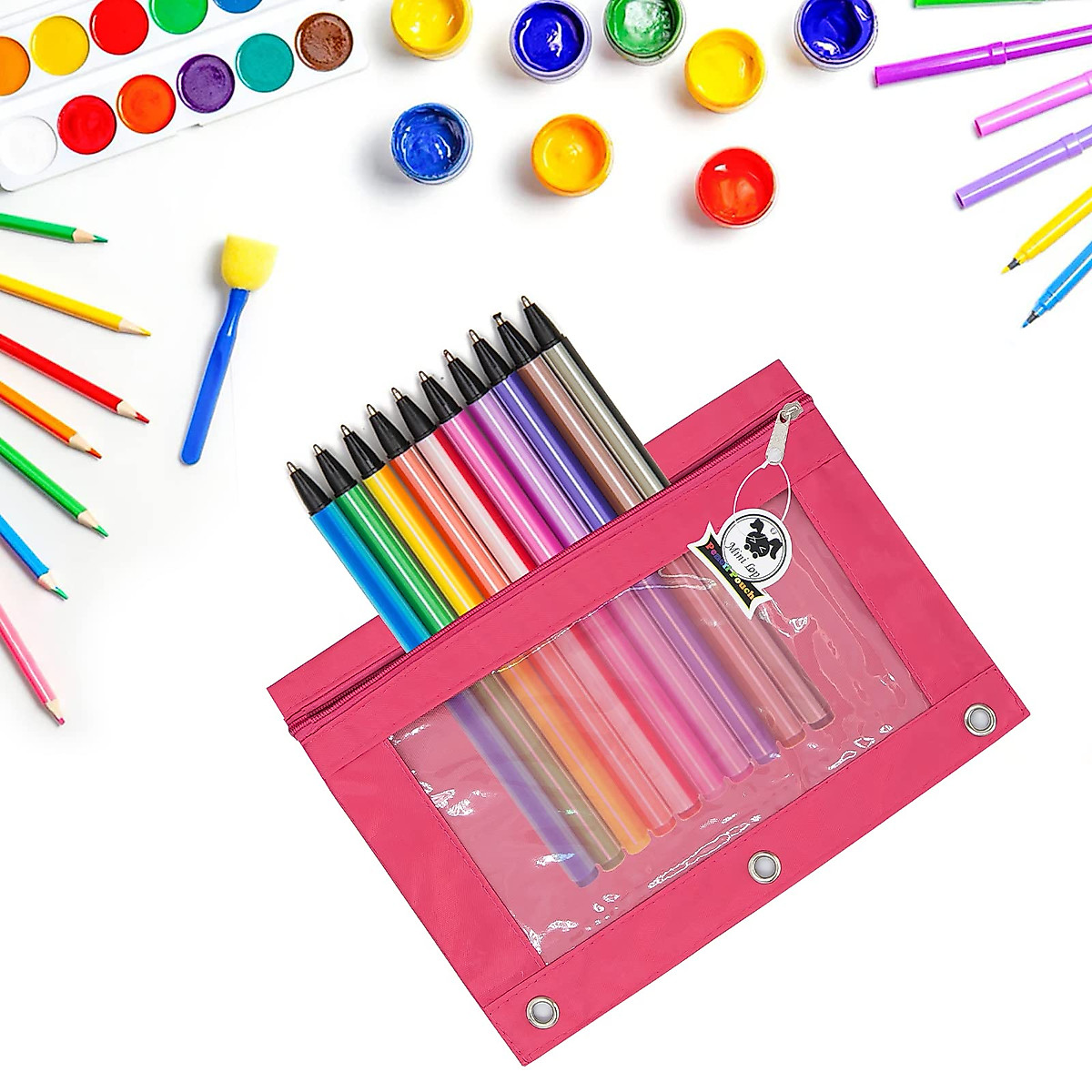 MINI LOP 3 Ring Binder Pencil Pouches, Pencil Pouch for 3 Ring Binder, Zippered Clear Window Pencil Case for Binder with Rivet Enforced Hole 3 Ring, 5 Packs