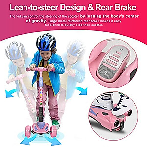 3 Wheel Scooter for Kids, Toddler Scooter with Bluetooth Music Speaker Steam Sprayer LED Lights Aluminum Alloy T-Bar, Folding 3 Wheel Scooter for Boys Girls Ages 3-10 (Pink)