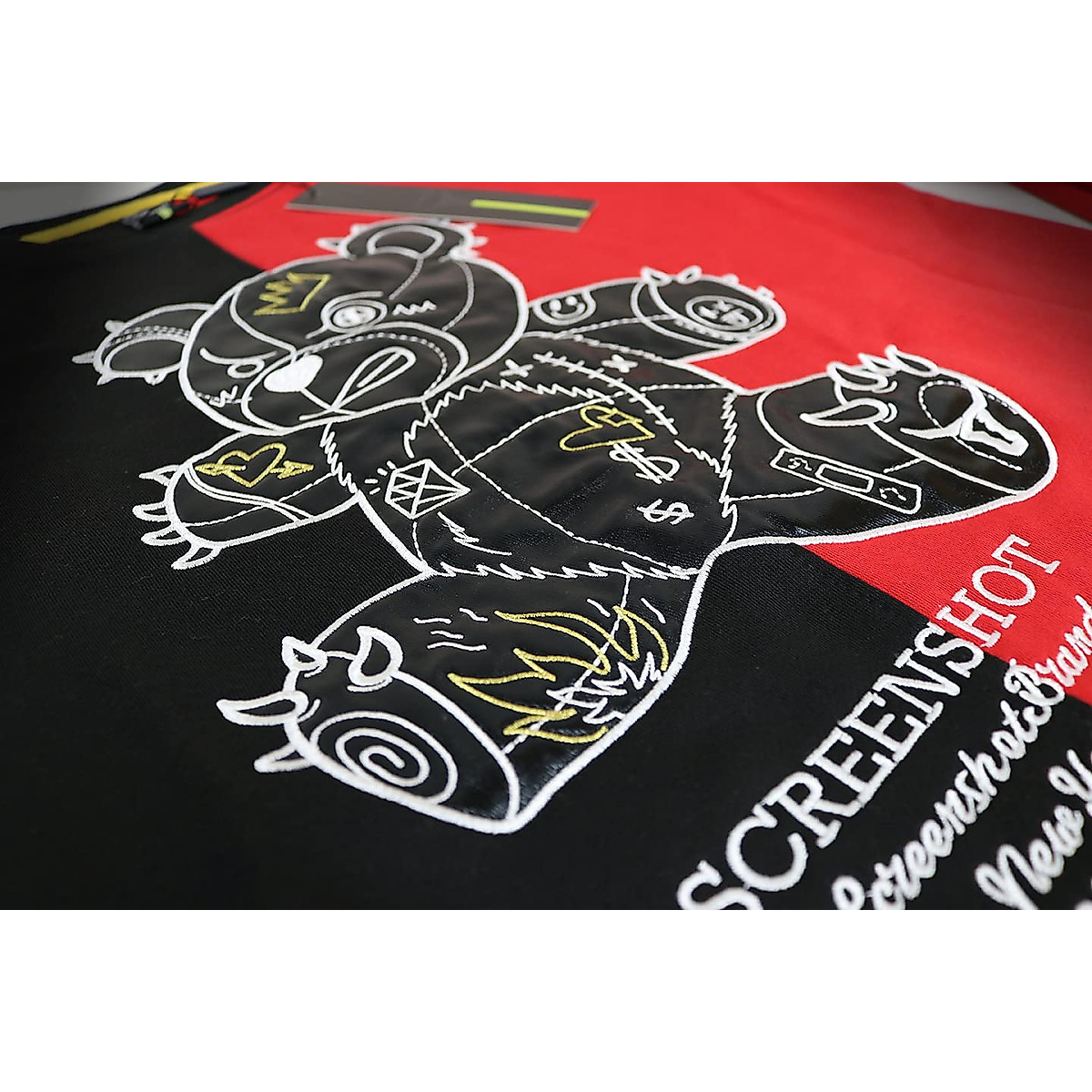 SCREENSHOT-H1113 Mens Urban Hip Hop Premium Fleece Hoodie - Shiny Black Bear Animation Cartoon Half Color Block Hooded Sweatshirt-Black/Red-3XLarge