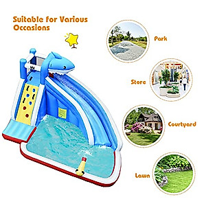 BOUNTECH Inflatable Water Slide, Shark Themed Waterslide Park for Kids Backyard Outdoor Fun w/Long Slide, Climbing, Splashing Pool, Blow up Water Slides Inflatables for Kids and Adults Party Gifts