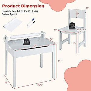 INFANS Kids Table and Chair Set with Paper Roll, Wooden Lift-top Desk for Toddler Writing Drawing Reading Craft Art, Children Furniture Activity Table Set for Nursery Daycare Playroom (Grey)