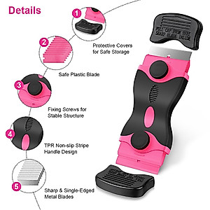 Ainiv Razor Blade Scraper, 2-in-1 Scraper Tool with 10PCS Metal Blades and 10PCS Plastic Blades, Multi-funtional Cleaning Razor Scraper for Decals, Stickers, Labels, Caulk, Adhesive Removal(Pink)