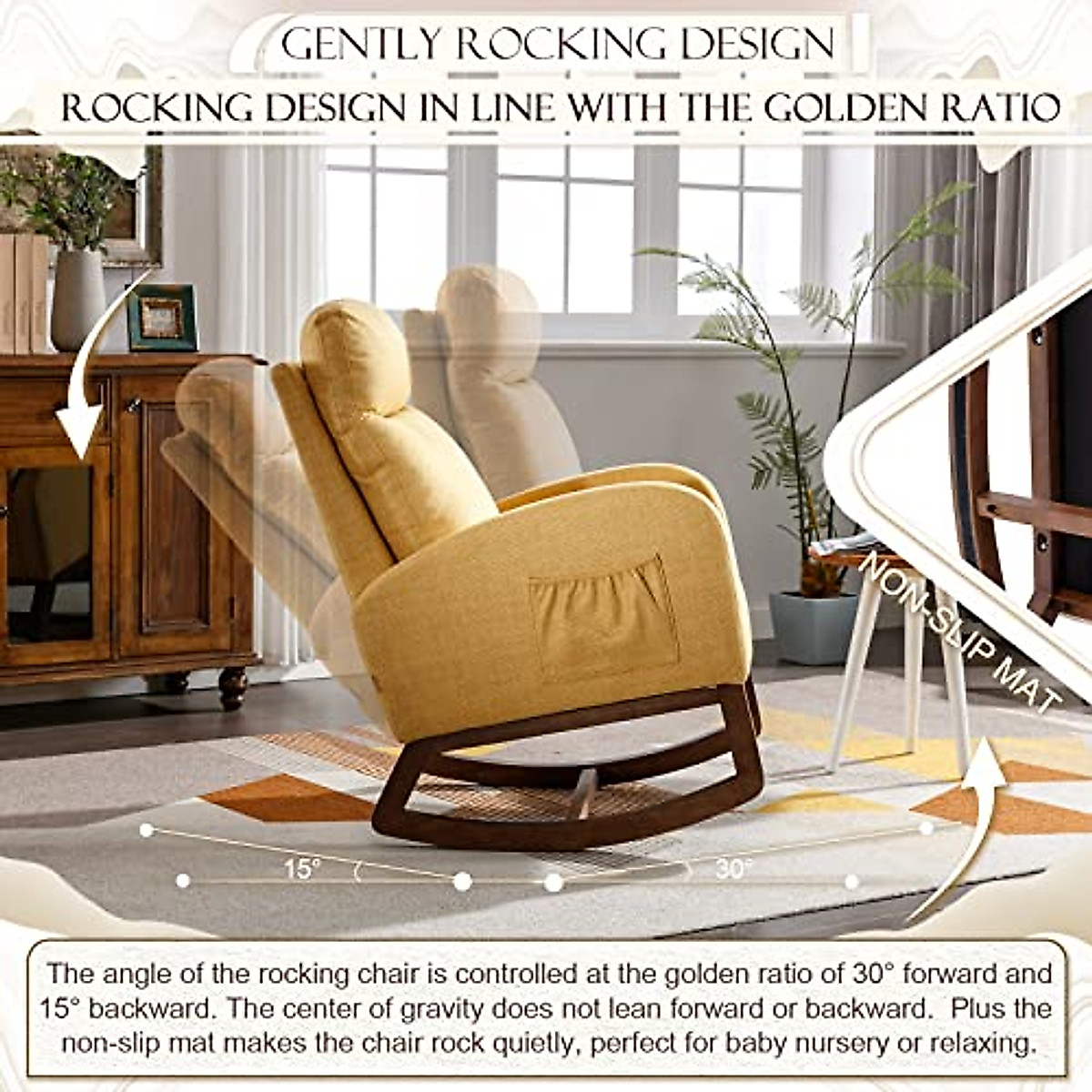 KINFFICT Comfy Rocking Chair, Upholstered Accent Glider Rocker for Baby Nursery or Relaxation, Living Room Armchair with High Back and Headrest, Modern Rocking Glider with Side Pocket, Yellow