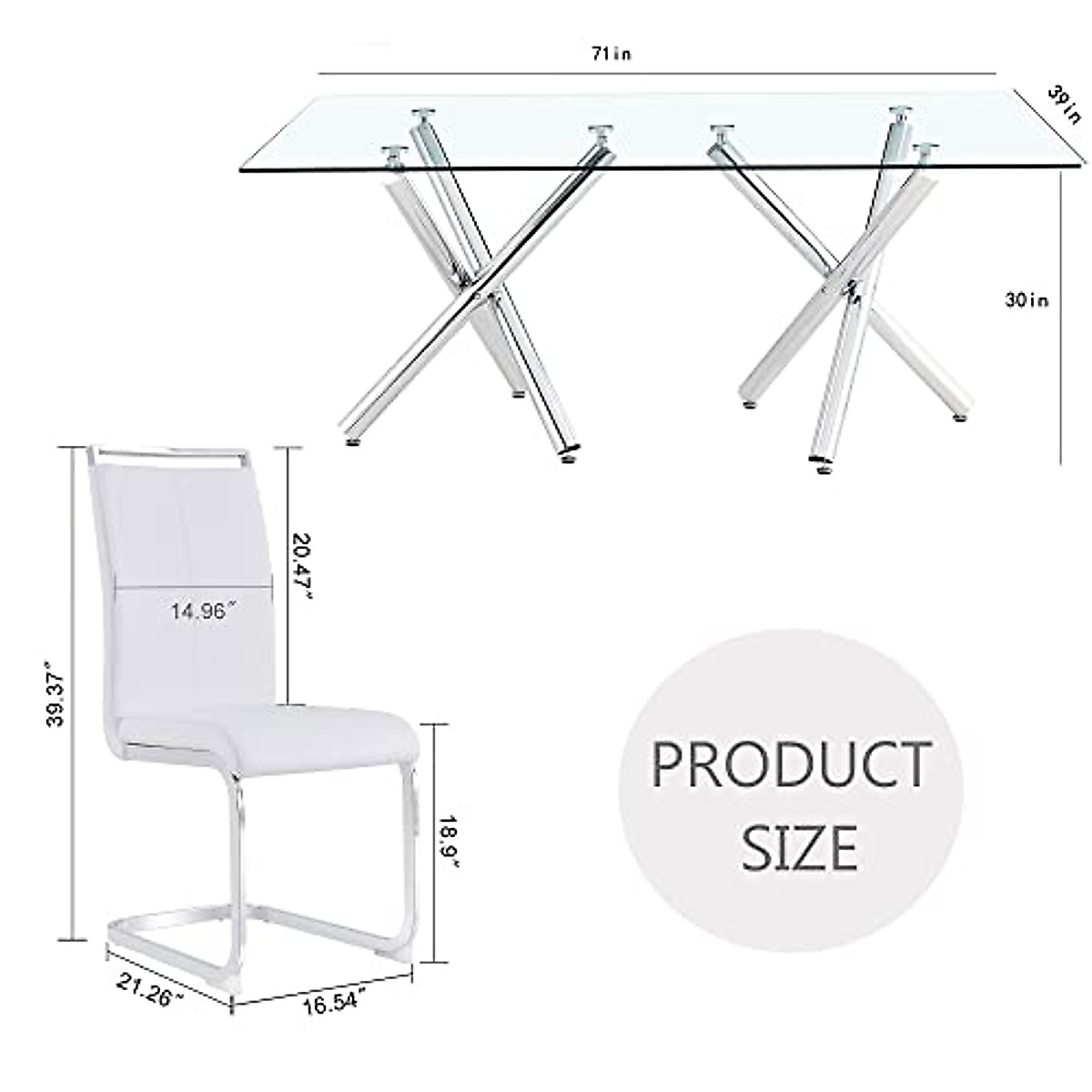 Baysitone 71inch Glass Dining Table Set for 8, Kitchen Table Set with Upholstered PU Leather Dining Chairs, Modern Tempered Glass Dinner Table Set with 8 Metal Frame Chairs, White