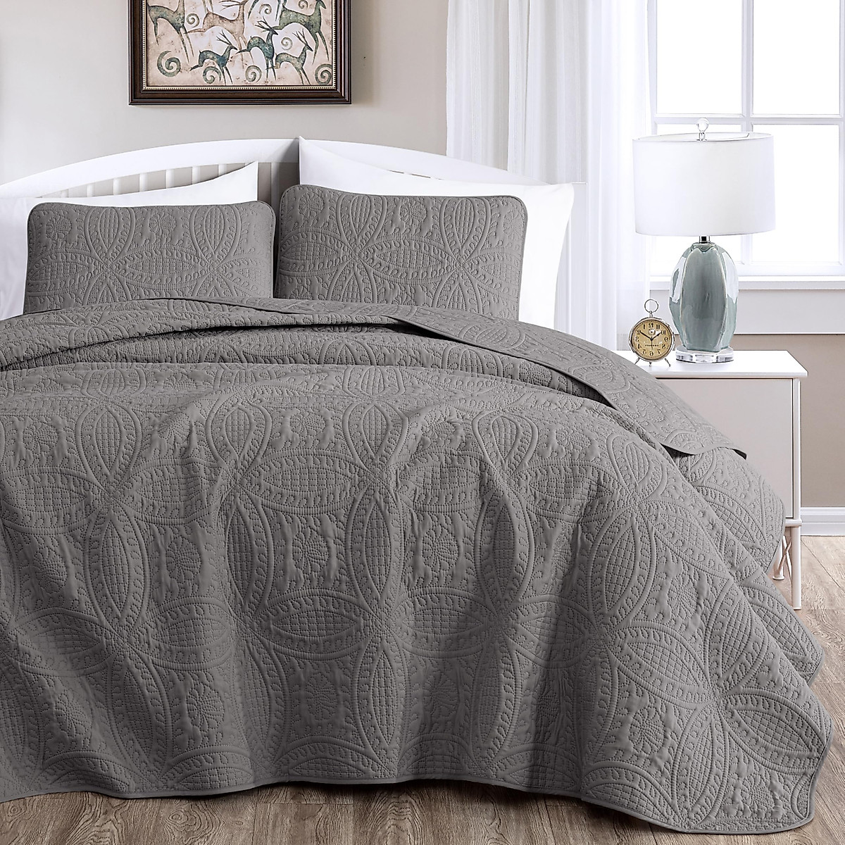 Chezmoi Collection Austin 3-Piece Oversized Bedspread Coverlet Set (King, Gray)