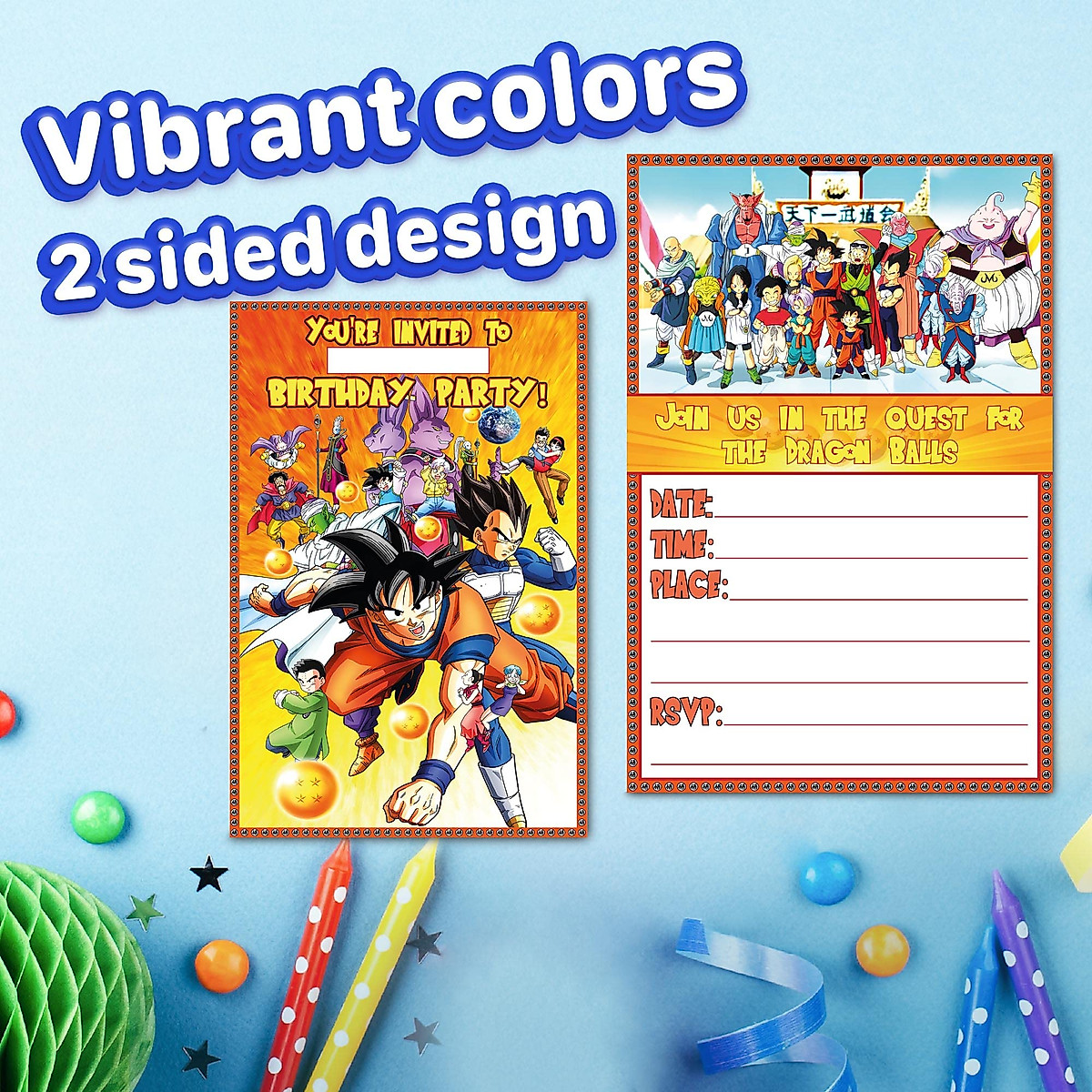 NATURAL BEHAVIOUR Set of 20 Anime Cartoon Ball-Themed Happy Birthday Invitation Cards & Envelopes - Lightweight (240g), Postcard Style Invites for the Perfect Party Pack