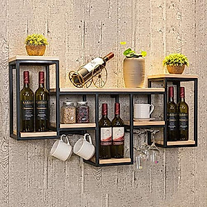 Wine Holder Wine Bottle Glass Rack, Wood Metal Combined Wall Storage Shelf Holder, Wine Cabinet Wall-Mount Wine Goblet Stemware Rack