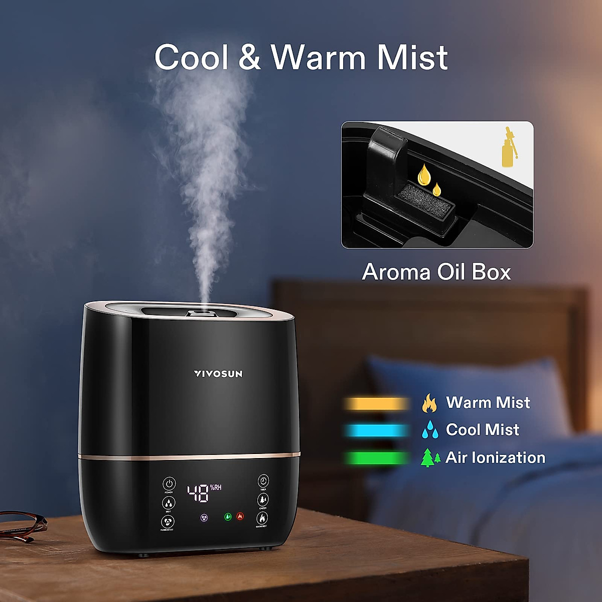 VIVOSUN Air Humidifier 4.5L 2-in-1 Cool & Warm Mist Humidifier, Indoor Ultrasonic Humidifier with Essential Oil Box & Remote Control for Bedrooms, Offices, Plants, Babies, Dryness, and Skincare