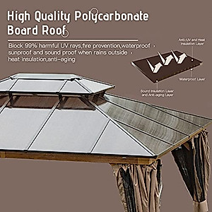 Domi Outdoor Living 10’ X 12’ Hardtop Gazebo Outdoor Aluminum Gazebo with Polycarbonate Double Roof Canopy for Lawn and Garden, with Curtains & Net (Wood Looking)