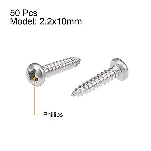 uxcell 2.2x10mm Self Tapping Screws Phillips Pan Head Screw 316 Stainless Steel Fasteners Bolts 50Pcs