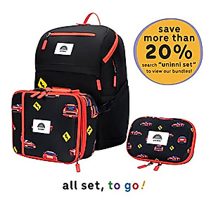 uninni 16" Kid's Backpack for Girls and Boys Age 6+ with Padded, and Adjustable Shoulder Straps. Fits for Height 3'9" Above Kids (Race Car Black/Red)