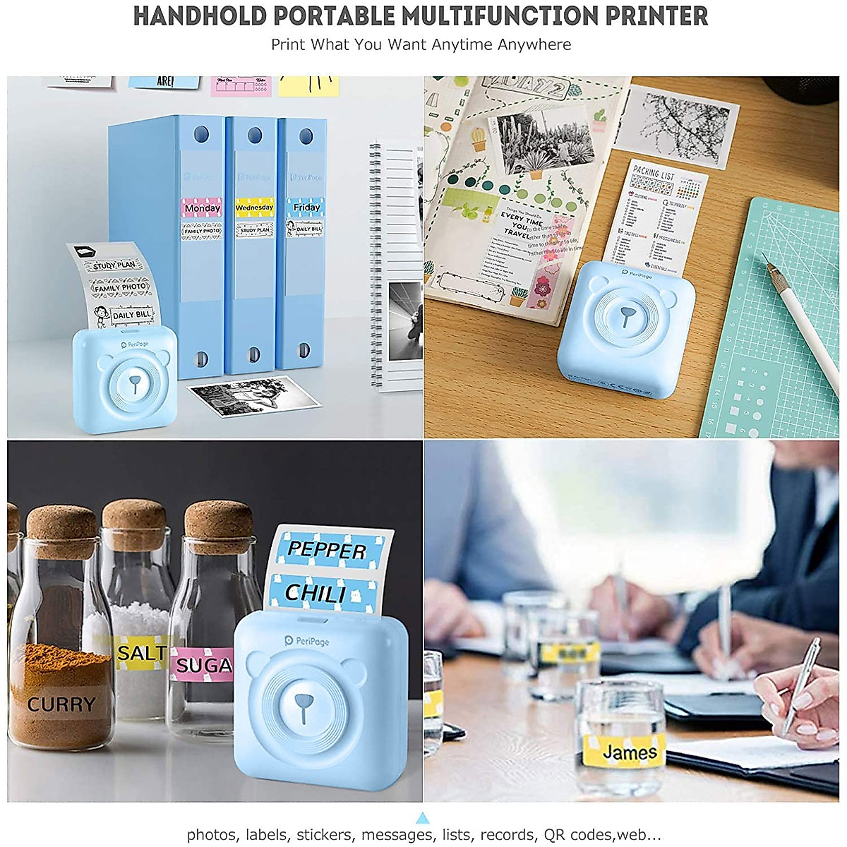 PeriPage Mini Printer, Portable Sticker Bluetooth Printer for Printing Student Notes, Journal, Memo, Mobile Printer, Pocket Printer, Received Printer with USB Cable, Supports Android iOS Windows-Blue