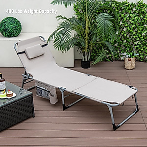 Giantex Tanning Chair, 5-Position Adjustable Beach Chair with Face & Arm Hole, Hand/Shoulder Strap, Removable Pillow, Side Pocket, 400 Lbs Capacity, Sunbathing Chair, Lounge Chair Outdoor (1, Beige)