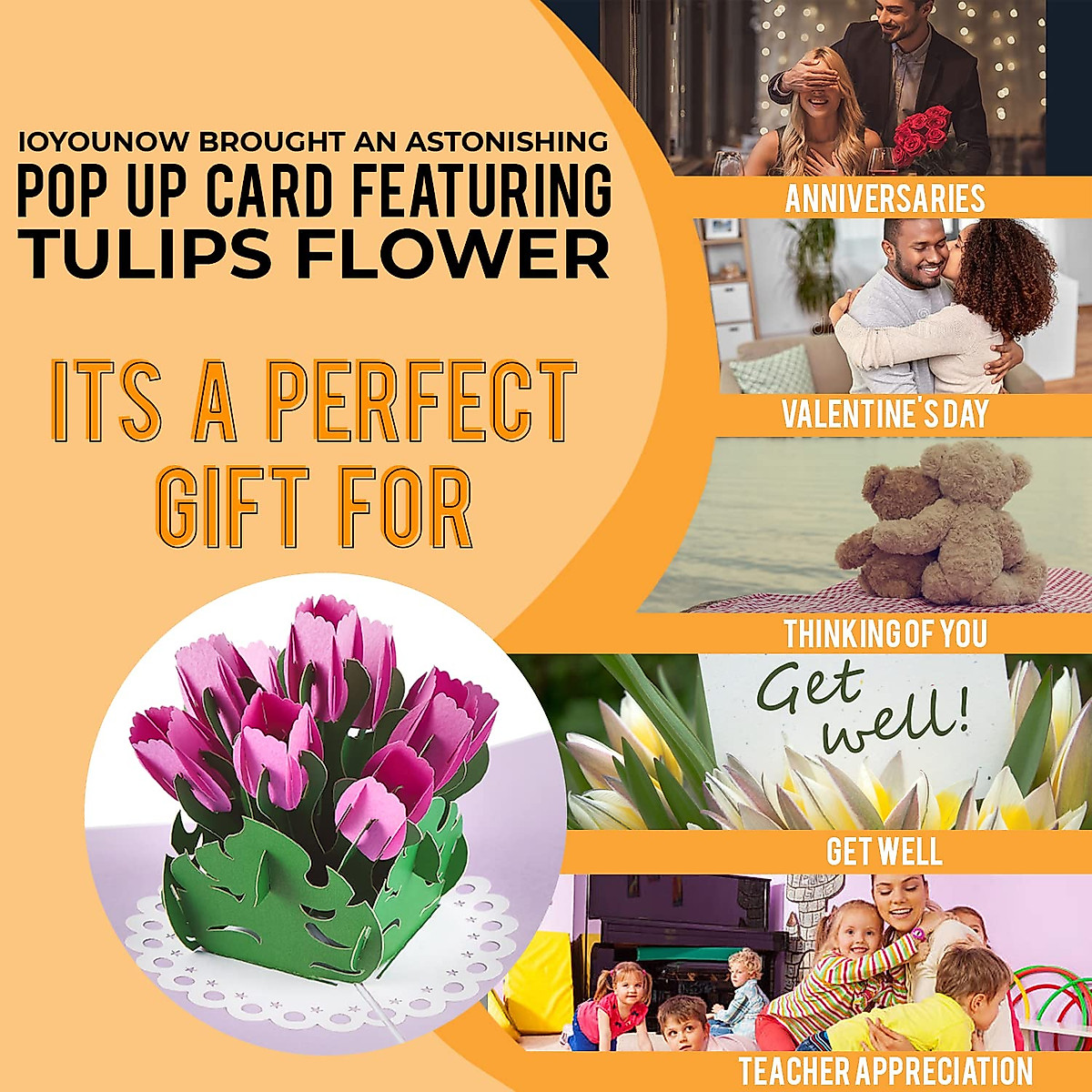 ioyounow Paper Flowers Popup Card - 5x6.75 Inch Pop Up 3D Purple Tulips Greetings Card - Happy Birthday Cards for Sisters – Best Paper Greetings, Thinking of You Gift for Women