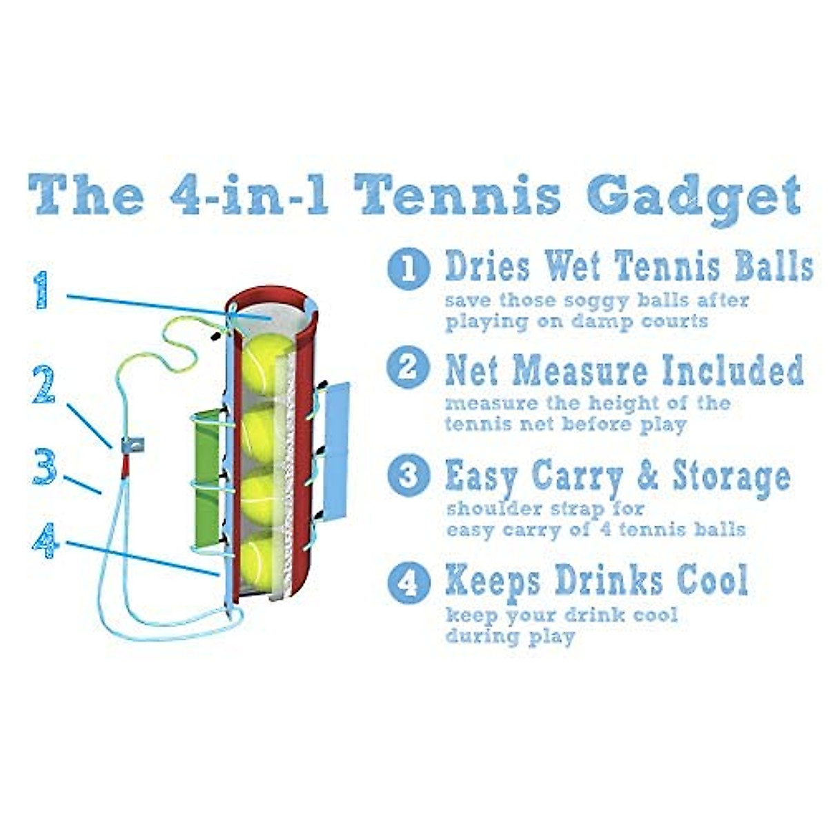 Tennis Ball Dryer -The 4-in-1 Tennis Gadget - Voted 'Best Tennis Gadget' - Includes 4 Great Features in 1. The Perfect Tennis Gift for Any Player.