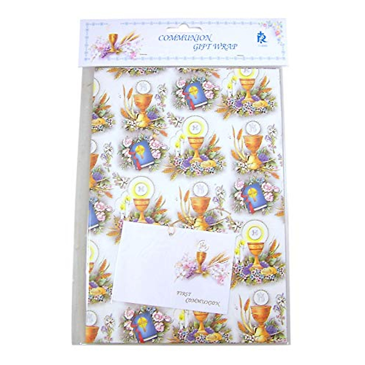 Folded JHS Communion Chalice, Host and Holy Bible Patterned First Communion Wrapping Paper Sheet, Pack of 3, 39 Inches x 27 Inches