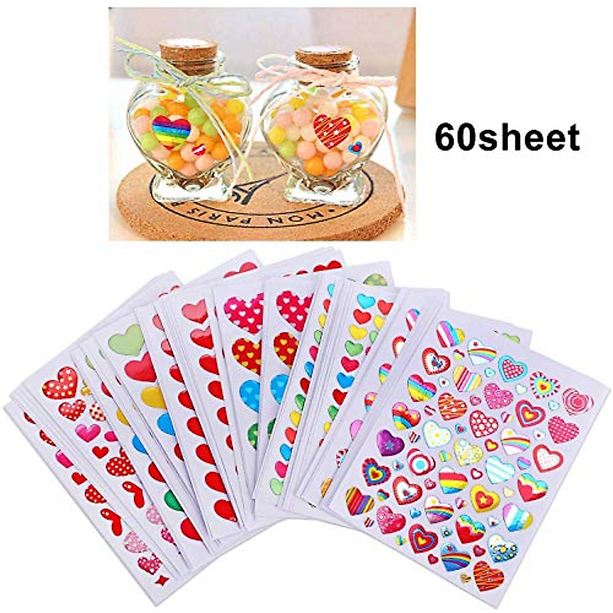Heart Stickers, 60 Sheets Colorful Love Heart Stickers for Valentine's Day, Anniversaries, Wedding,Thanksgiving