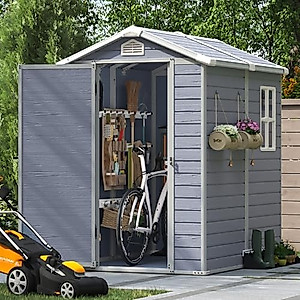Aoxun 6x4FT Resin Outdoor Storage Shed with Floor, Plastic Garden Shed with Lockable Door and Window, Tools House to Store Patio Furniture, Bike Accessories, Garbage Can and Lawn Mower - Grey