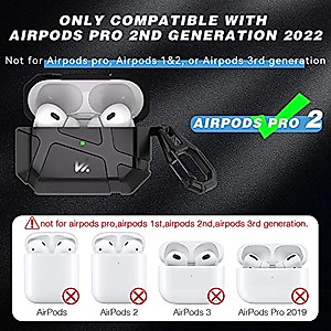KMMIN AirPods Pro 2nd Generation Case, Airpod Pro Case Cover for Apple AirPods Pro 2nd /1st Gen 2023/2022/2019 Rugged Shockproof Protective Military Case with Keychain [Front LED Visible]-Black
