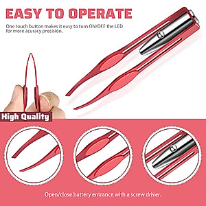 2 Pieces Tweezers with LED Light Hair Removal Lighted Tweezers Makeup Tweezers with Light Tools for Men Women Precision Eyebrow Eyelash Hair Removal Tweezers Stainless Steel Tweezers (Black, Red)