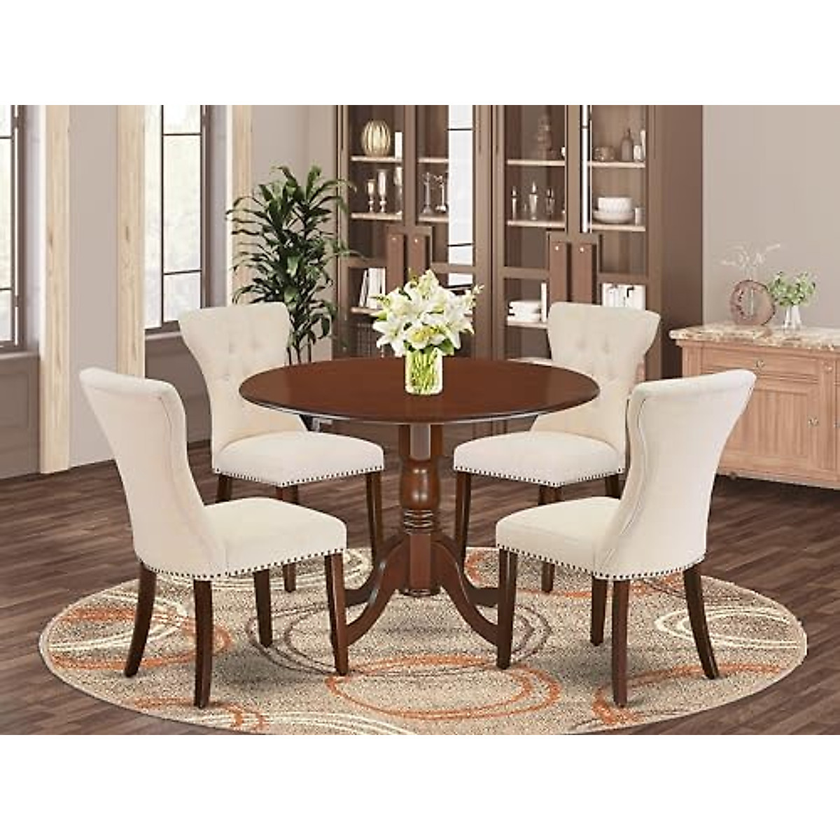 East West Furniture DLGA5-MAH-32 5 Piece Dining Room Table Set Includes a Round Dining Table with Dropleaf and 4 Light Beige Linen Fabric Upholstered Chairs, 42x42 Inch, Mahogany