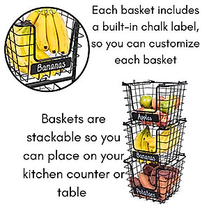 BIRDROCK HOME 3-Tier Wire Market Basket Stand with Chalk Label - Snack Fruit Vegetable Produce Metal Hanging Storage Bin for Kitchen Pantry - Free-Standing or Stacking Organizer - Black