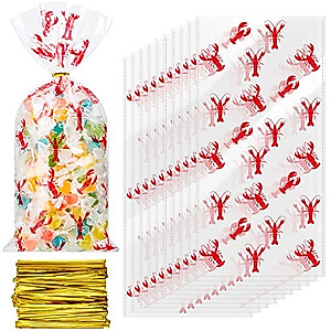 100 Pcs Crawfish Boil Treat Bags Lobster Theme Cellophane Candy Bags Plastic Cookie Bags for Birthday Gift Giving Seafood Party