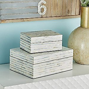 Deco 79 Mother of Pearl Handmade Box with Hinged Lid, Set of 2 12", 8"W, White