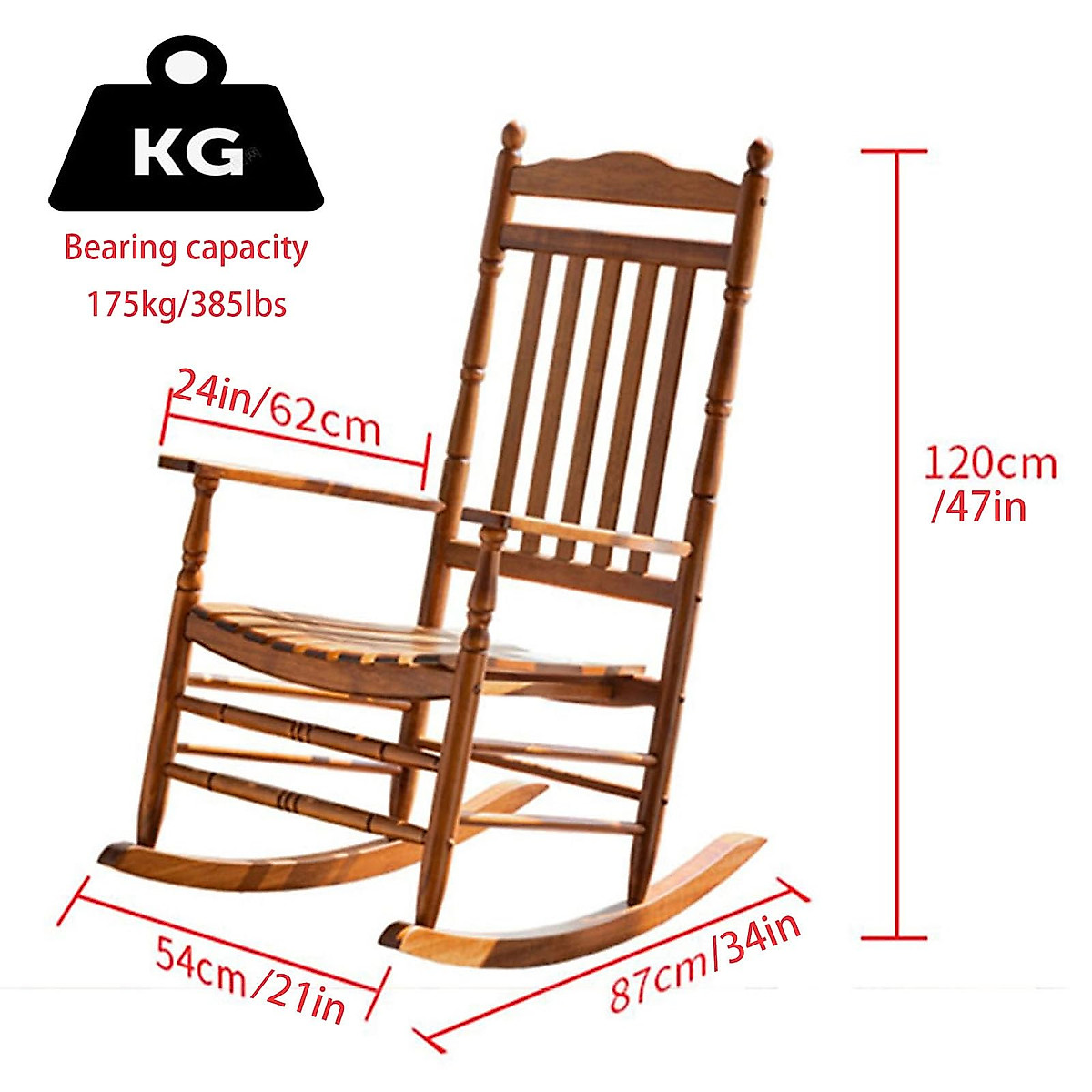 Outdoor Solid Wood Living Room Rocking Chairs, American Country Style Patio Chairs for Adults, Casual Summer Nordic Balcony Outside Furniture, Load-Bearing 175kg/385lbs