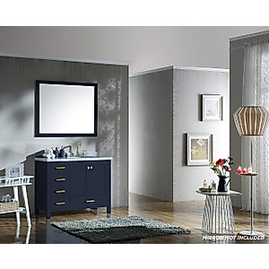 ARIEL Cambridge 43" Inch Single Right Offset Rectangular Sink Solid Wood Midnight Blue Bathroom Vanity Cabinet with 1.5" Inch Edge White Carrara Marble Countertop and Backsplash, No Mirror