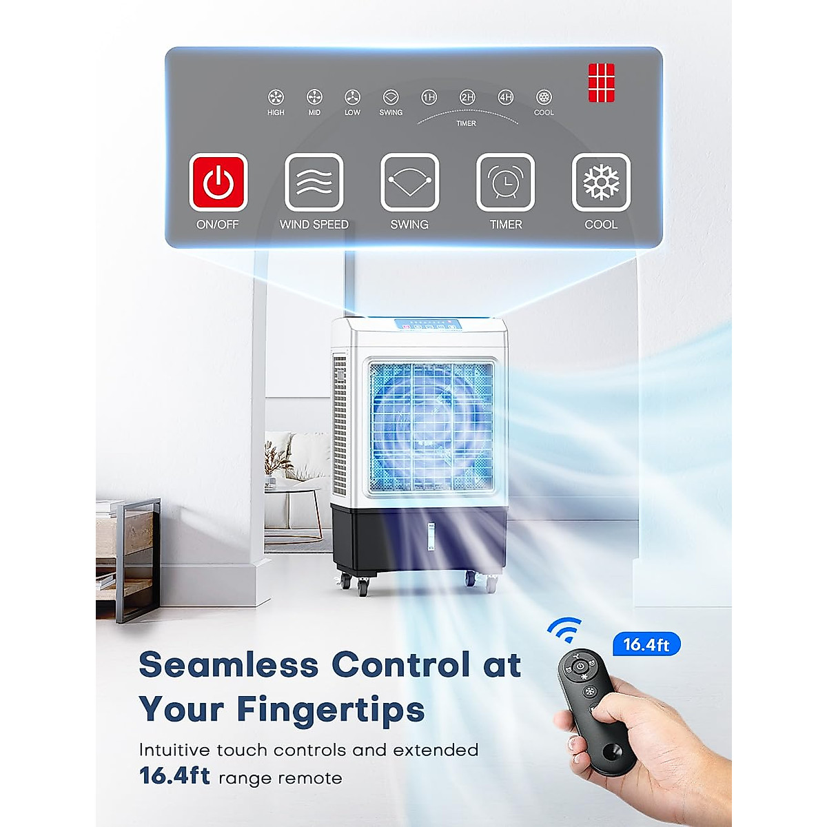 BALKO Evaporative Air Cooler, 2100CFM Windowless Air Conditioner w/7H Timer & Remote, 7H Timer & Remote, Portable for Room Garage Patio Black