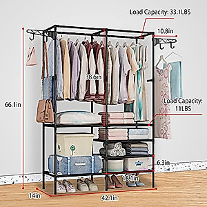 Moclever Garment Racks For Hanging Clothes, Freestanding Closet Wardrobe 66x42x14in, Clothing Shoe Organizer With 6 Shelves For Bedroom